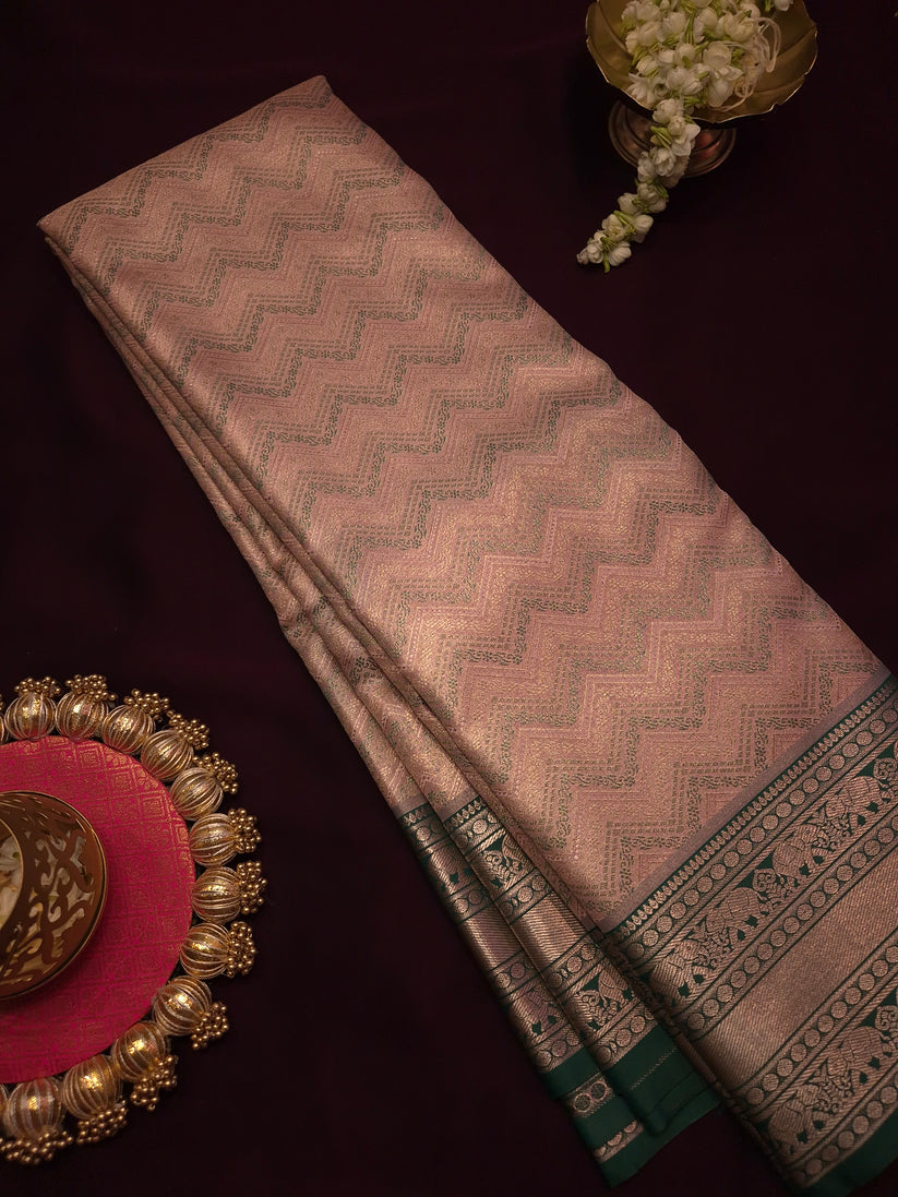 Light Pink Semi Silk Saree with Zig Zag Pattern and Bottle Green Golde ...